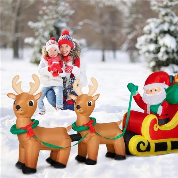 Holiday | 8ft Long Inflatable Santa On Sleigh With 2 Reindeer Santa And ...